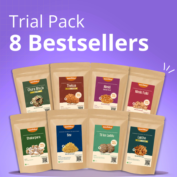 Trial Pack (8 Bestsellers, 95g Each) – Chura Bhuja, Gud Thekua, Nimki ...